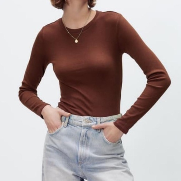 Zara | Tops | Zara Ribbed Brown Crew Neck Long Sleeve Bodysuit Size S ...